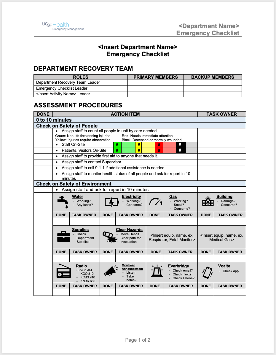 Department Emergency Checklist And Action Plan Safety Security EM